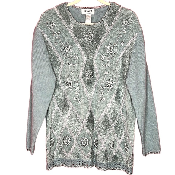Koret | Sweaters | Vintage Koret Petites Grayblue Knit Embroidered ...